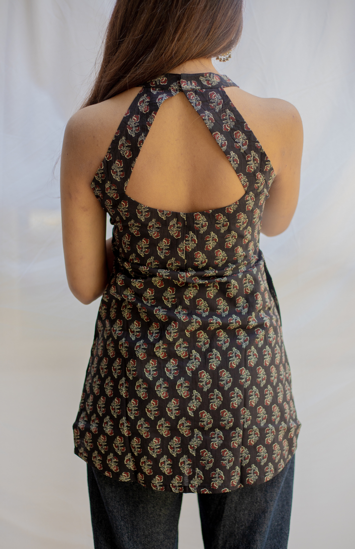 Black Ajrakh Cotton Halter Neck Short Kurti for Women | Sivasamgi